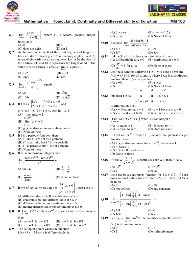 29.12.2023 Limit, Continuity and Differentiability of Function | PDF | Function (Mathematics ...