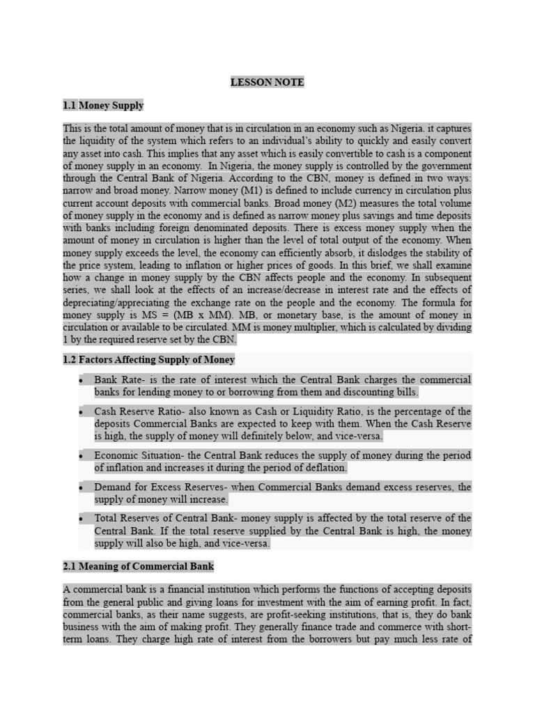 Lesson Note | Download Free PDF | Payment System | Money Supply