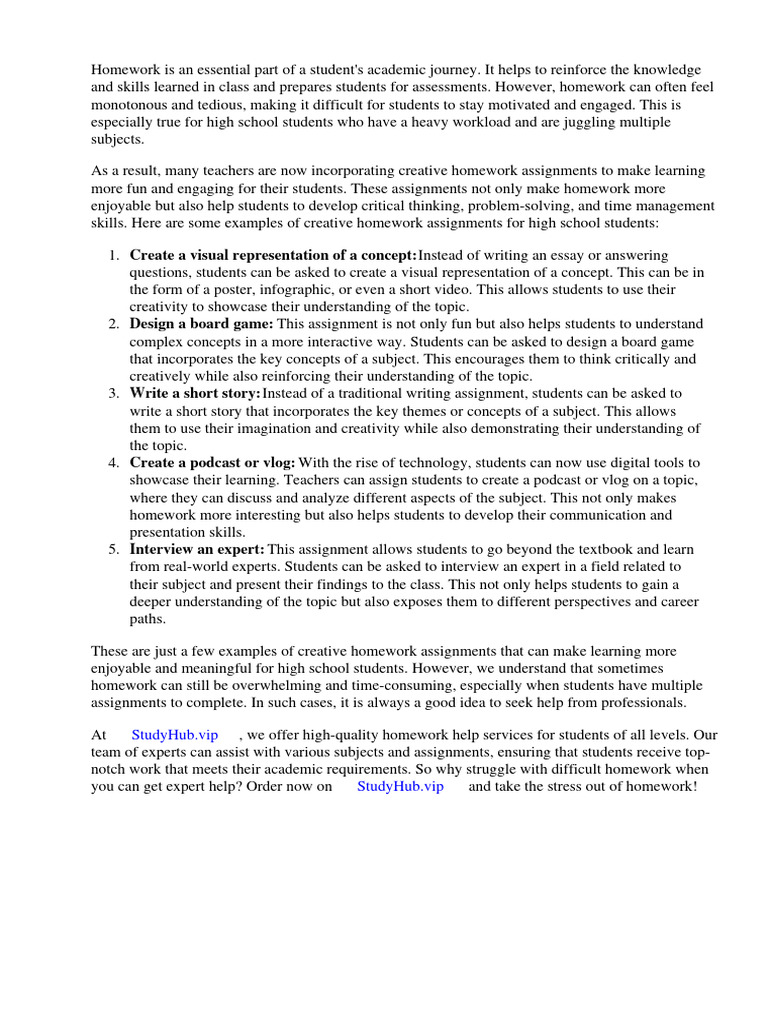Creative Homework Assignments High School | PDF | Homework | Learning