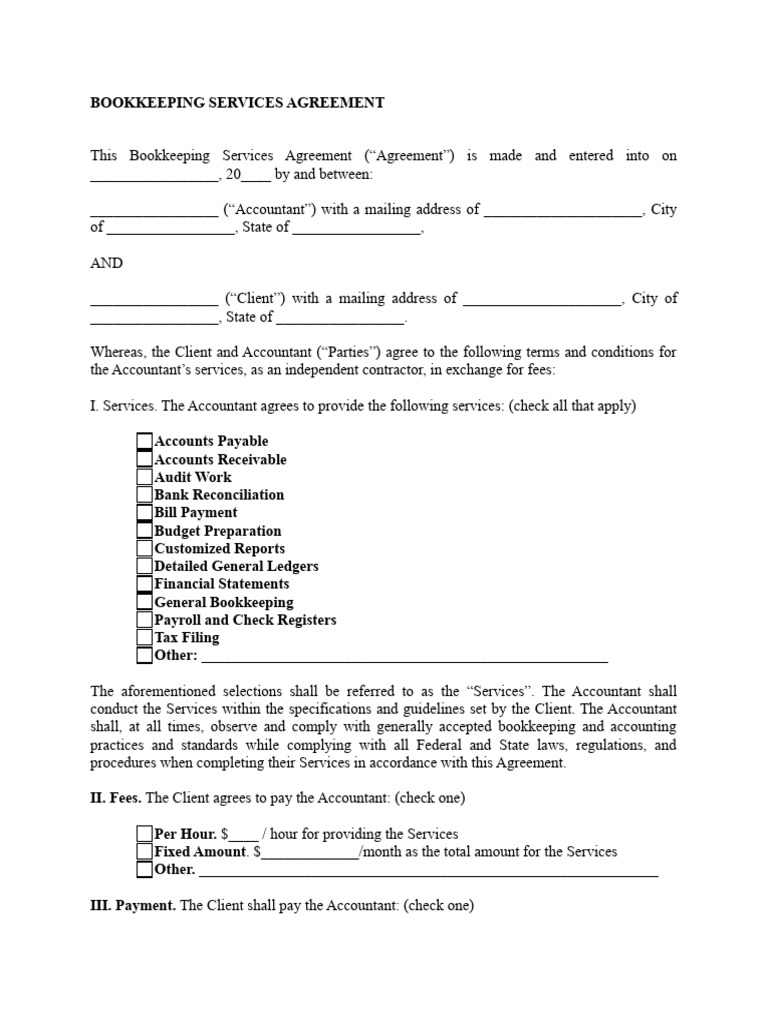 Bookeeping Services Agreement Template | PDF | Indemnity | Bookkeeping