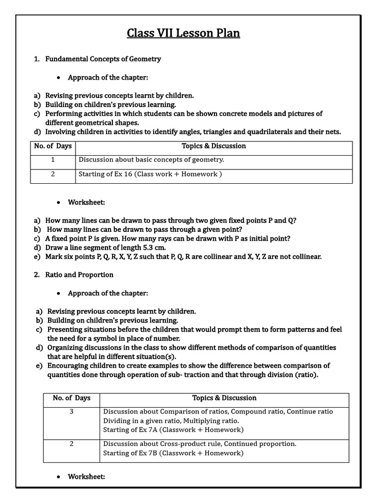 Class VII Geometry and Math Lesson Plan | PDF | Line (Geometry) | Ratio