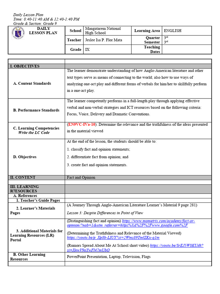 April - 1 DETAILED LP Paragraph | PDF | Lesson Plan | Learning