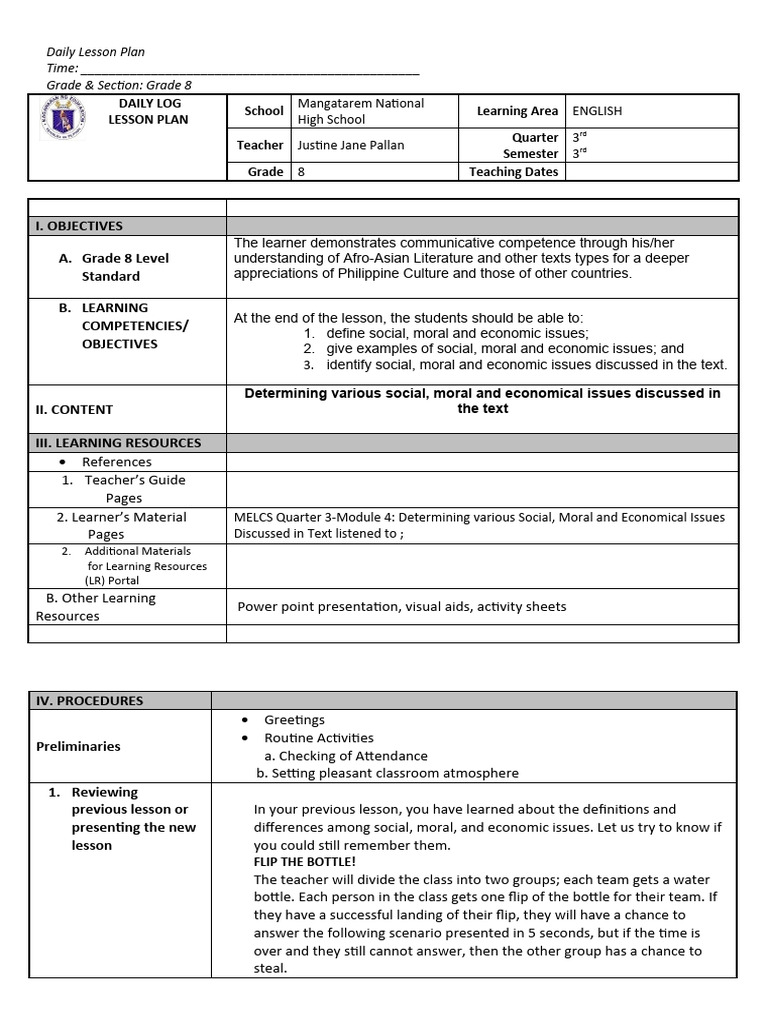 Detailed LP-moral issues | PDF | Learning | Lesson Plan