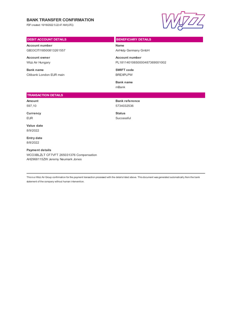 Wizz Air Bank Transfer Confirmation | PDF