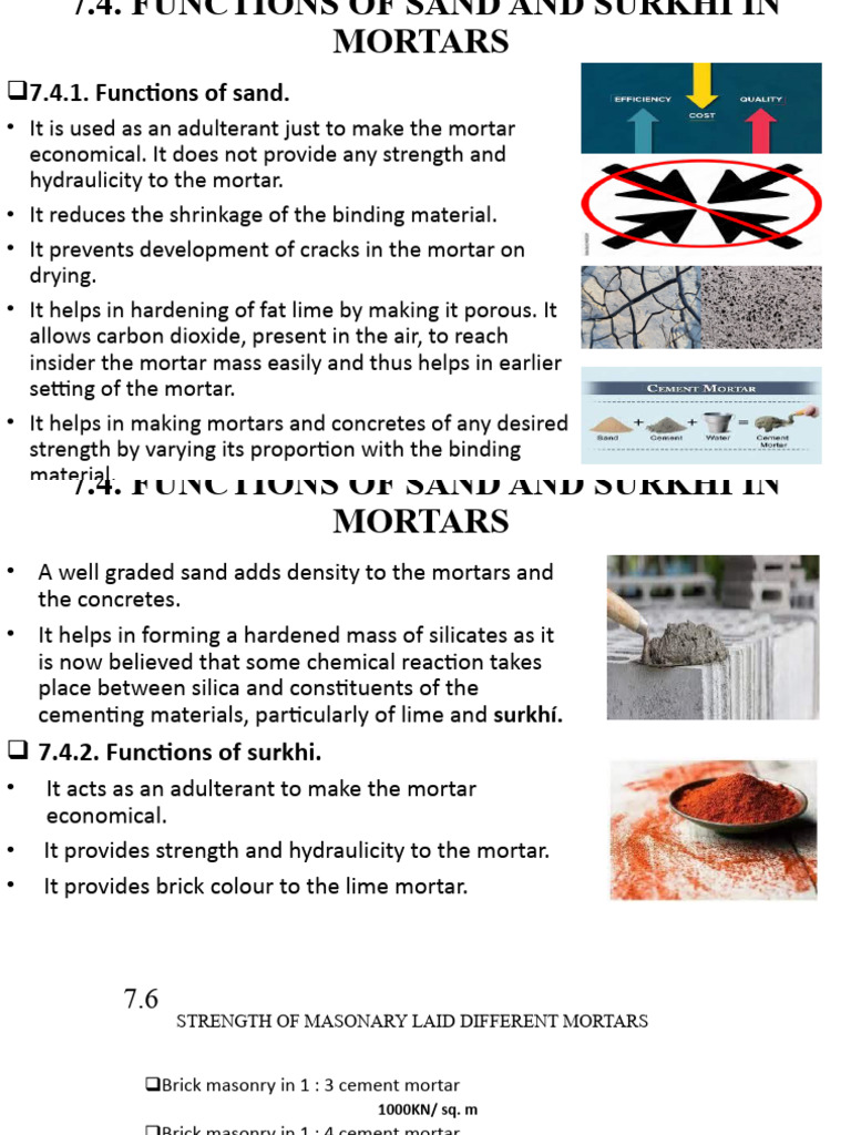 Functions of Sand and Surkhi in Mortars | PDF | Concrete | Mortar (Masonry)