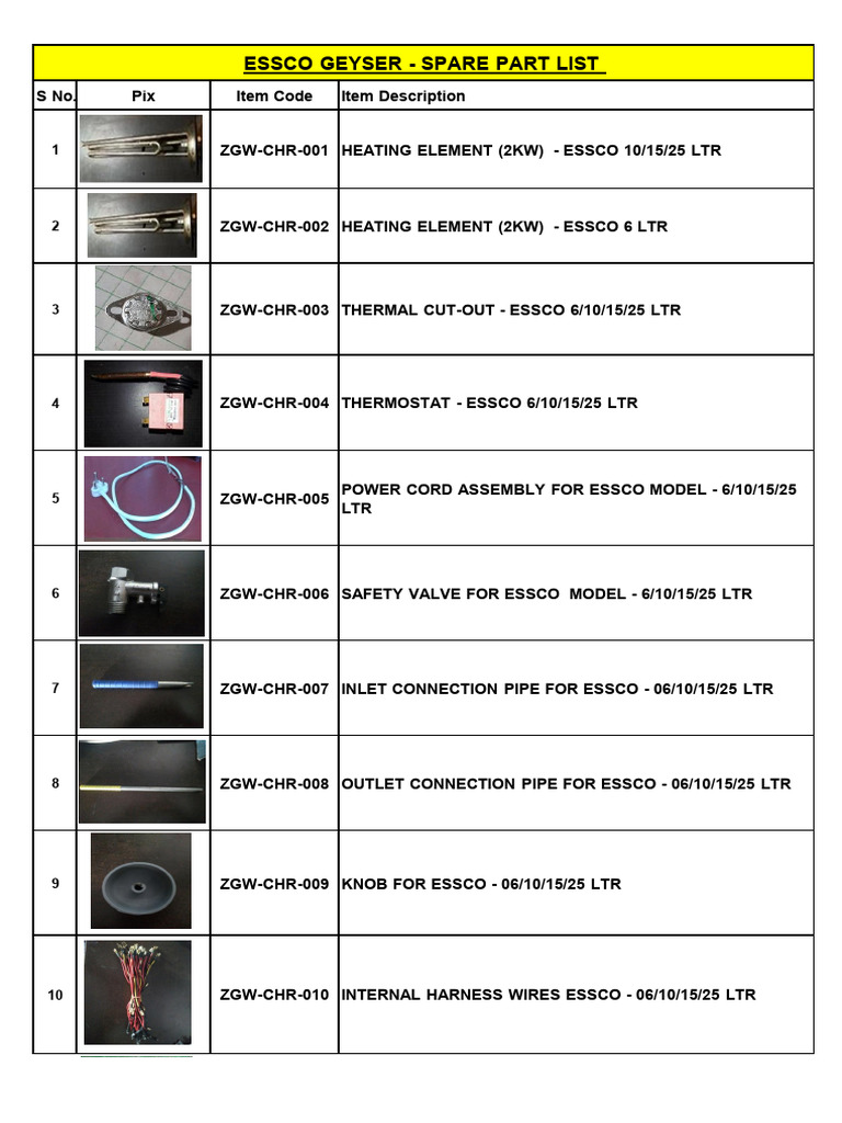 New Essco+geyser+-+spare+parts+list | PDF