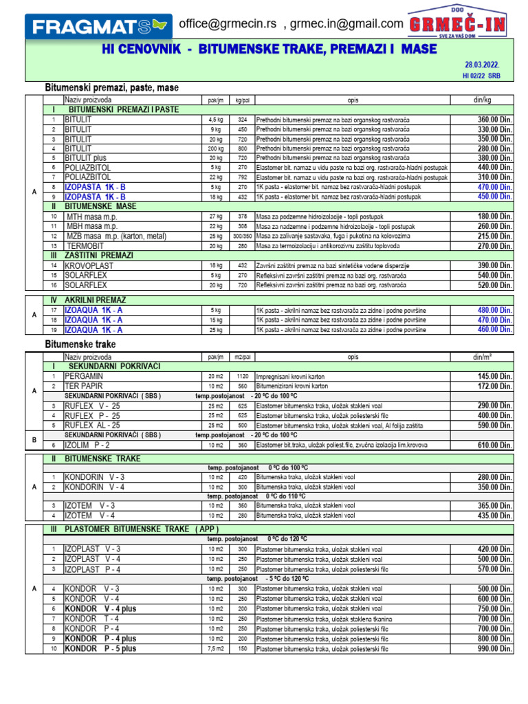 Cenovnik-Fragmat-hidroizolacija | PDF