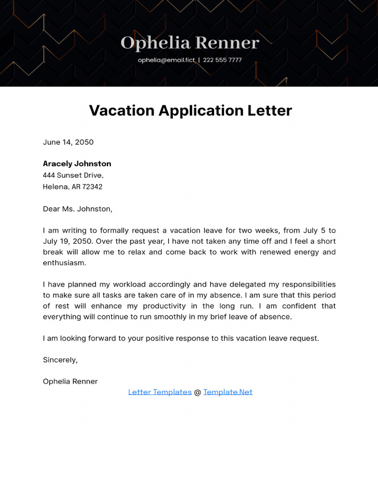 Vacation Application Letter Template - Edit Online & Download Example | PDF