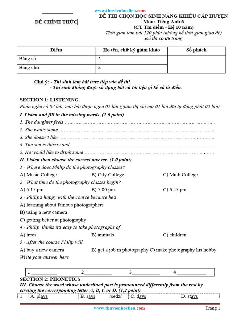 De Thi HSG Tieng Anh 6 de 5 | PDF