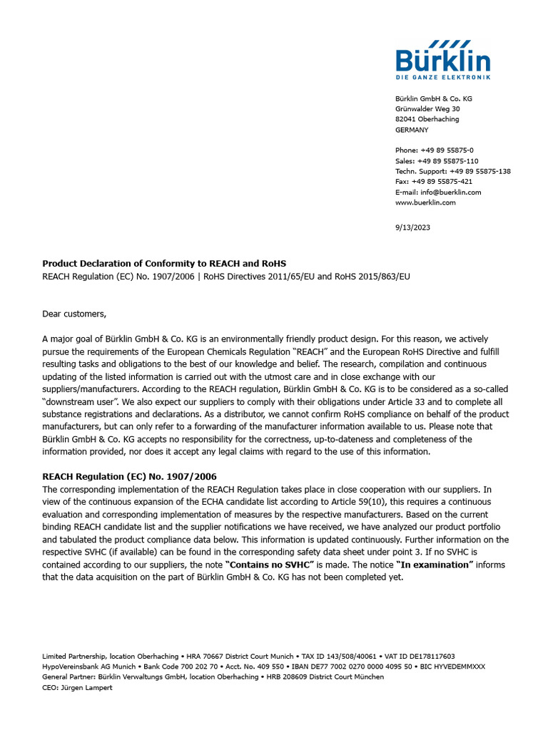 Bürklin GmbH REACH & RoHS Compliance | PDF | Regulation