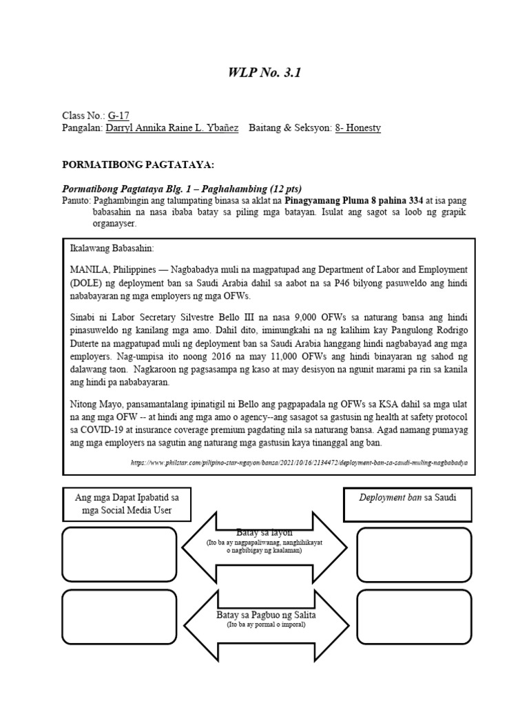 3.1 Pormatibong Pagtataya Blg. 1 | PDF