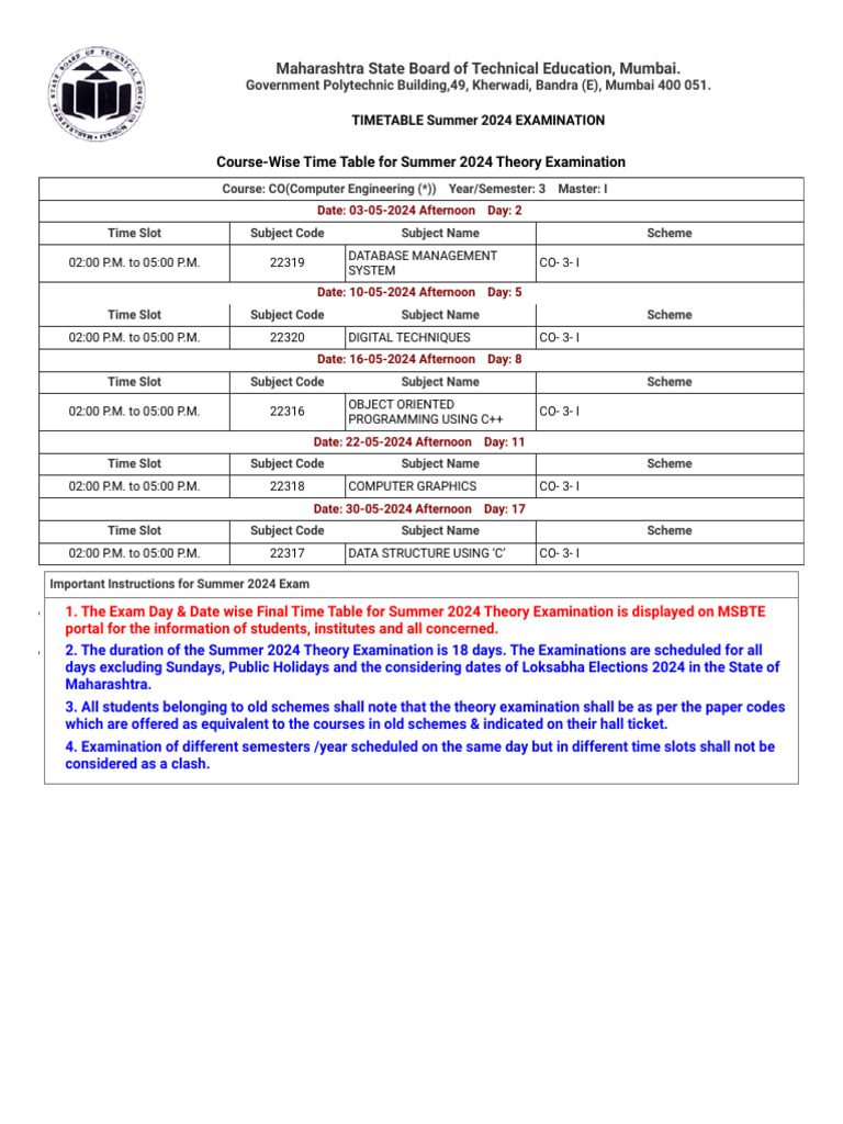 Time Table For Summer 2024 Theory Examination | PDF | Academic Term ...