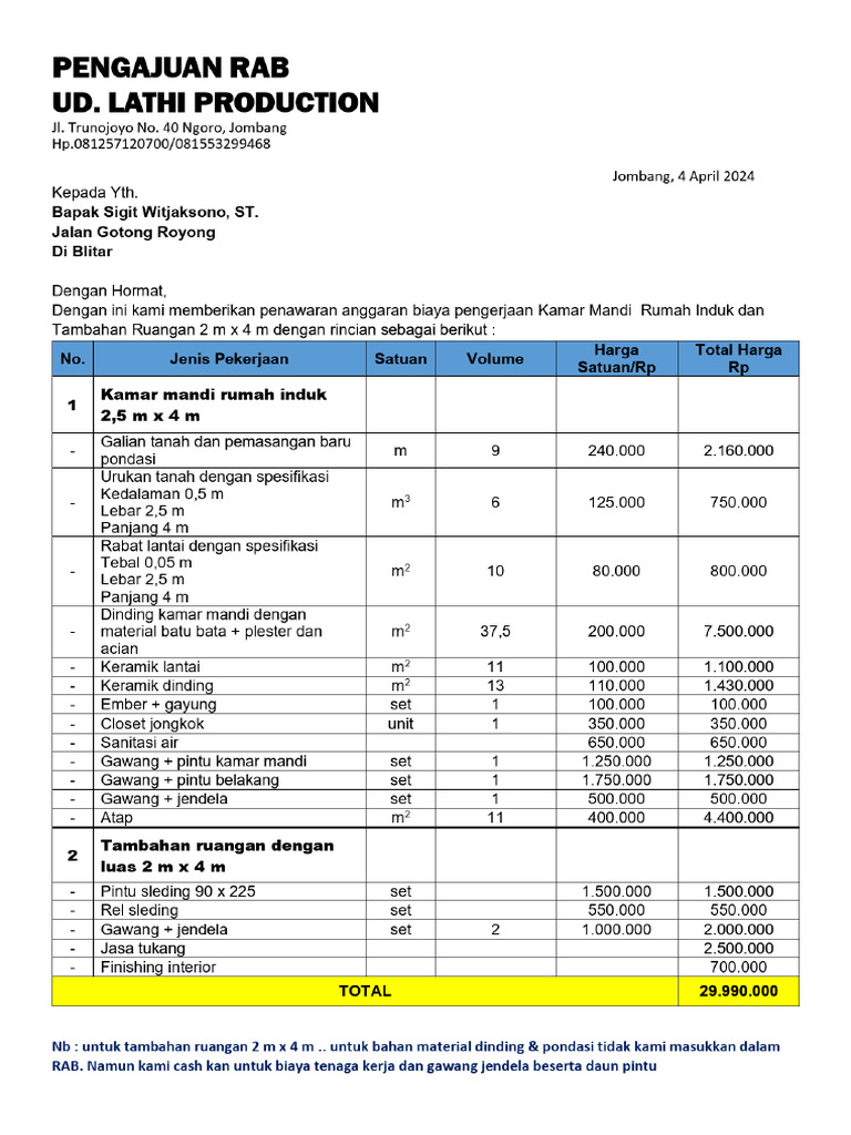 PENGAJUAN RAB Kamar Mandi Rumah Induk Dan Tambahan Ruangan 2m X 4m | PDF