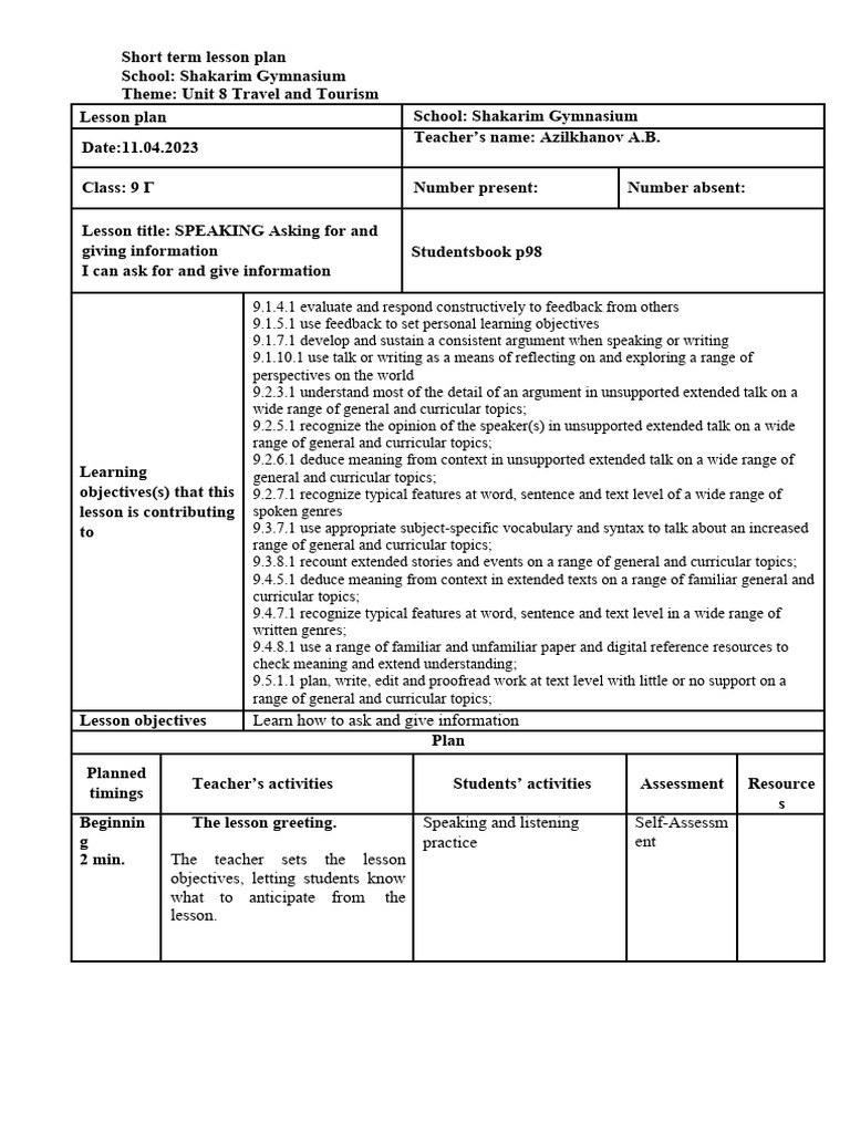 9 Grade Lesson Plan 12.04 Azim | PDF | Lesson Plan | Behavior Modification
