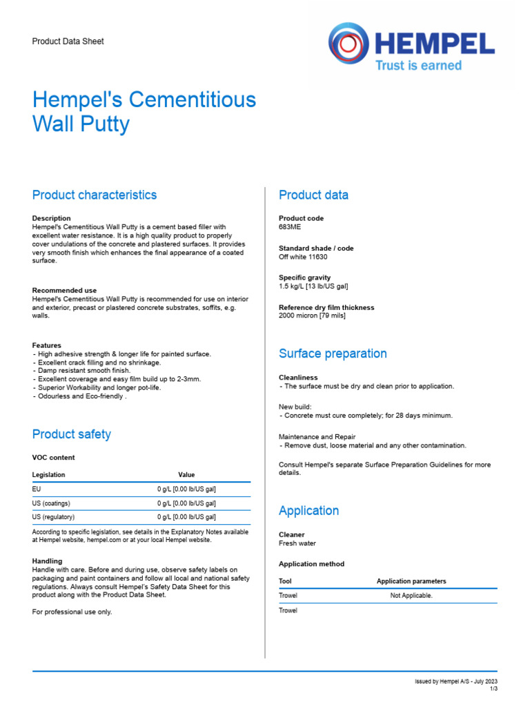Hempel's Cementitious Wall Putty: Product Characteristics Product Data ...