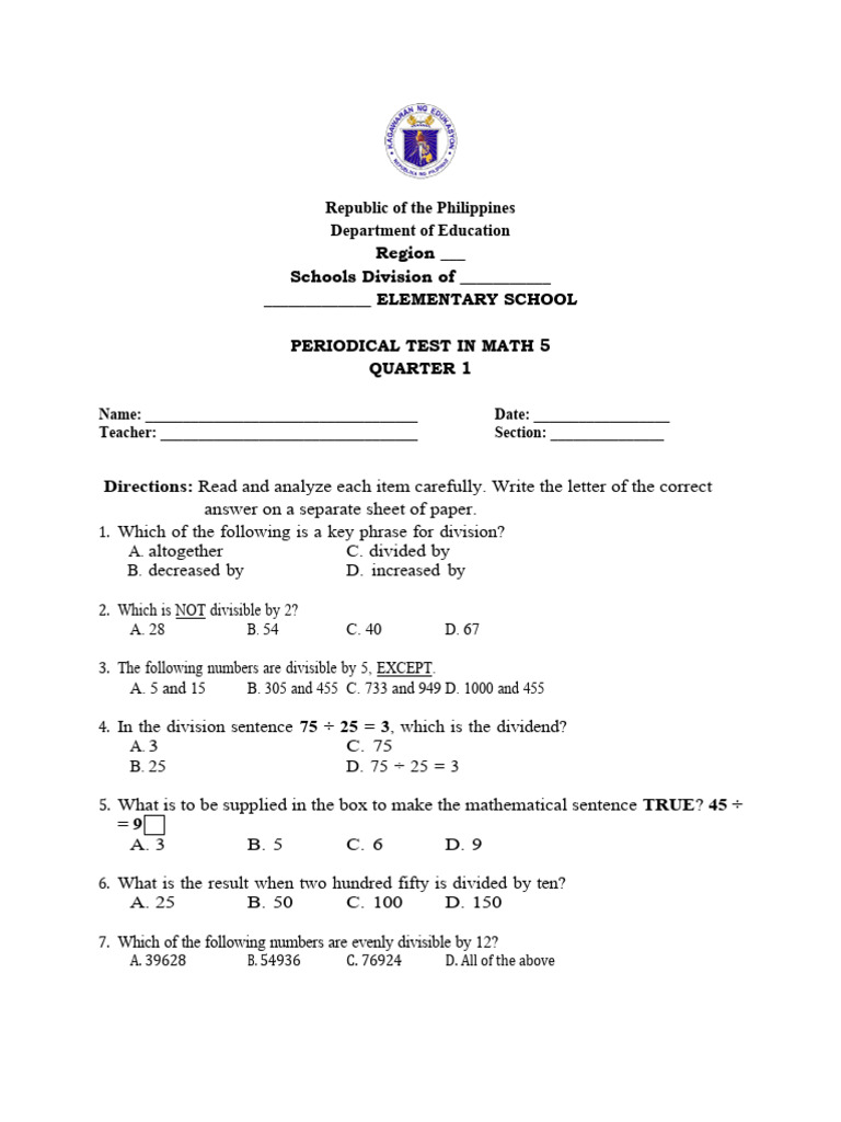 Math 5 Q1 PT - 2023-2024 | Download Free PDF | Mathematics | Arithmetic