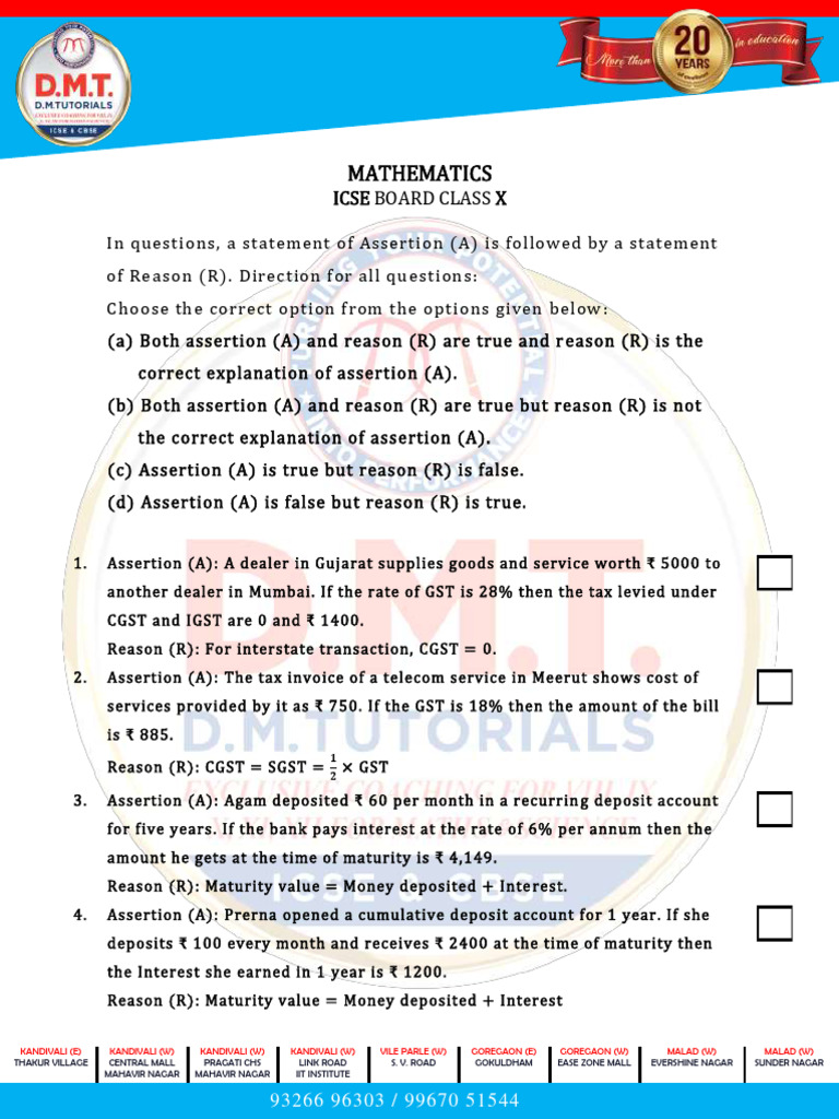 10 Icse - Mcq (Assertion & Reasoning) (23-24)-1 | PDF | Inequality (Mathematics) | Payments