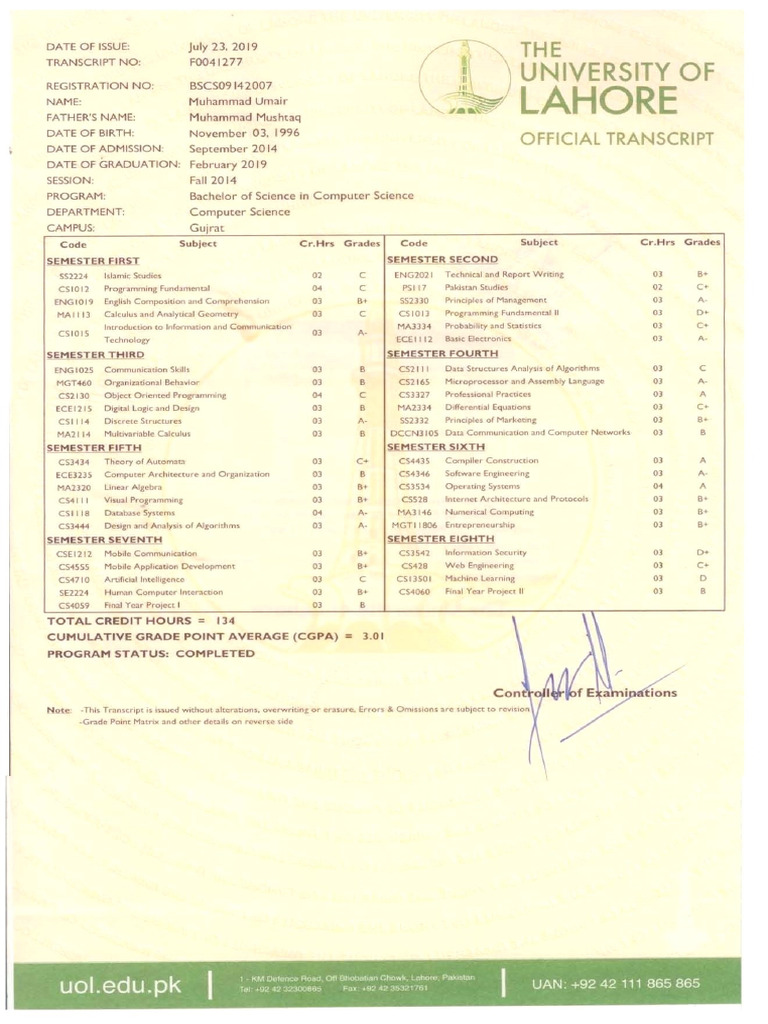 Transcript BSCS Muhammad Umair | PDF