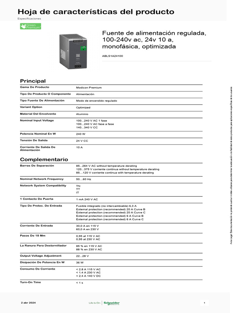 Fuente de Alimentación Schneider ABLS1A24100 | PDF | Fuente de ...