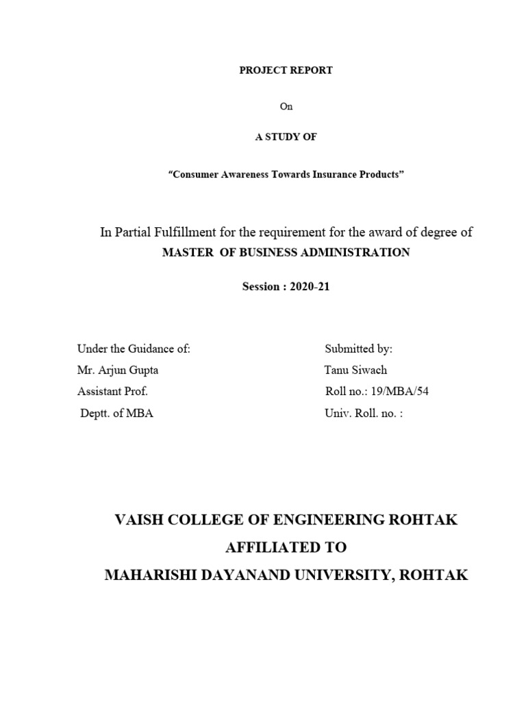 BBA PROJECT REPORT - Tanu Siwach | PDF | Insurance | Life Insurance