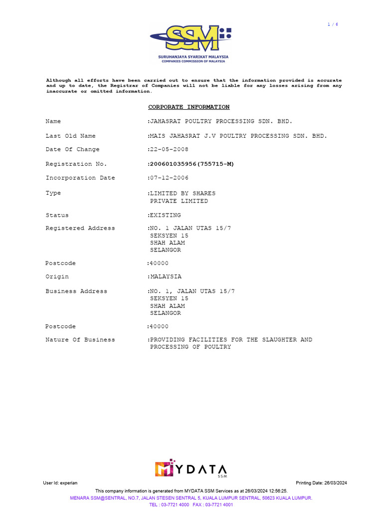SSM Jahasrat Poultry Processing Sdn. Bhd. | PDF | Balance Sheet | Business Economics