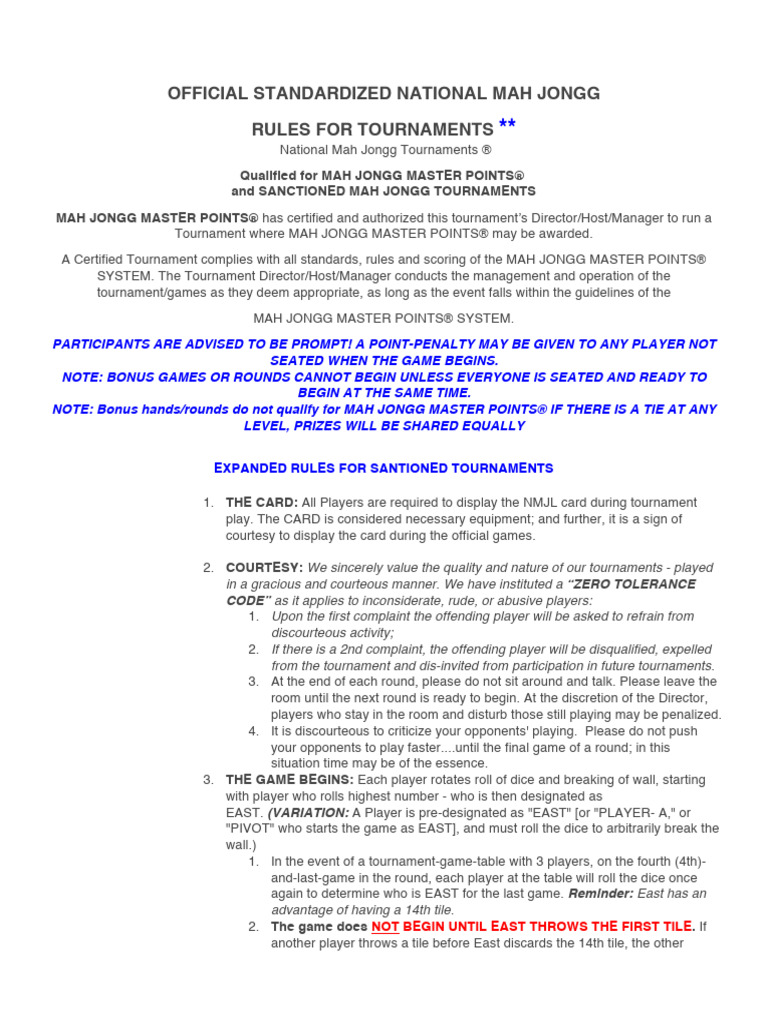 Official Standardized Rules For Tournaments 052017 | PDF | Mahjong