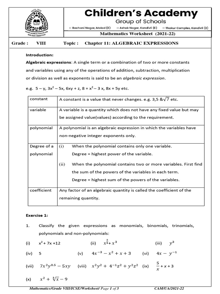 Algebraic Expressions Worksheet | PDF | Polynomial | Algebra