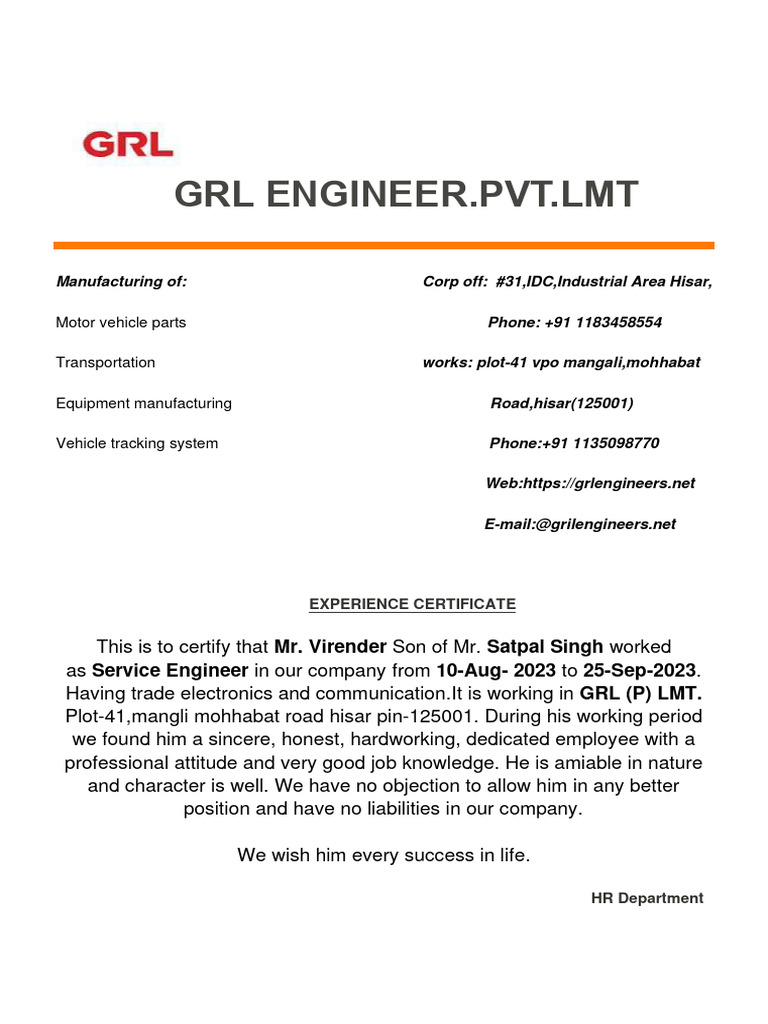 ECE GRL EXPERIANCE CERTIFICATE | PDF