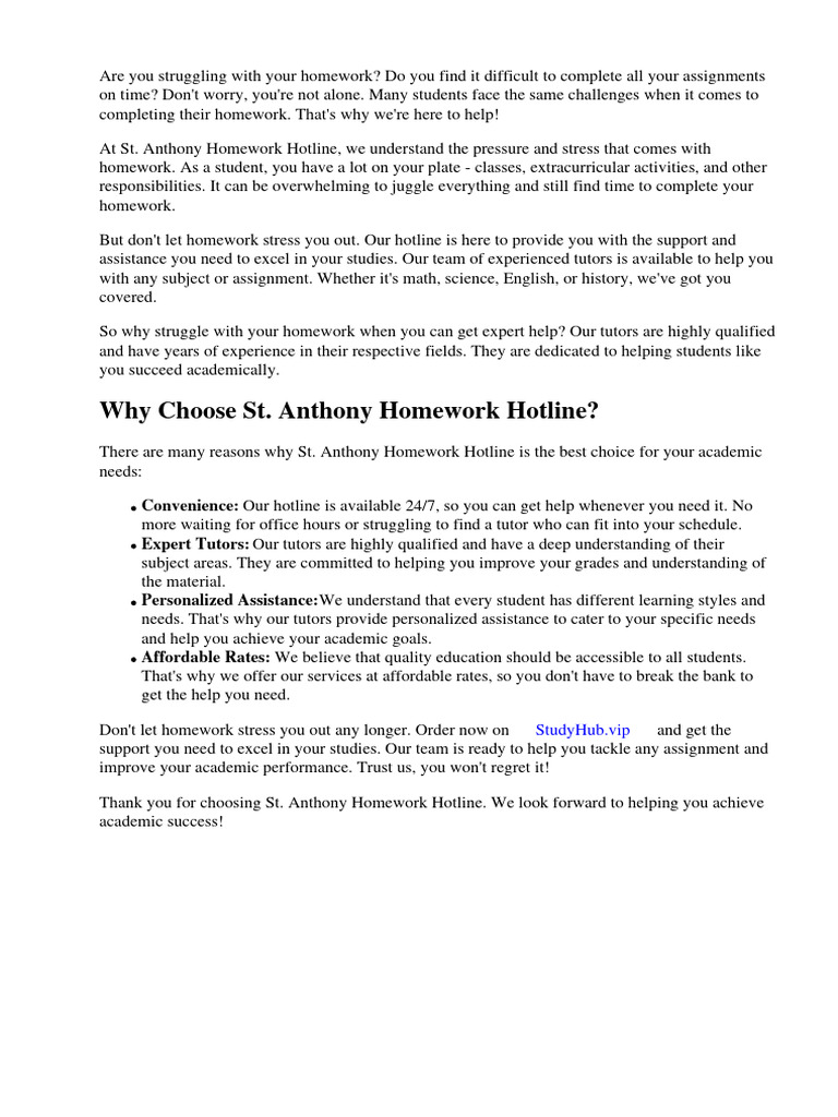 ST Anthony Homework Hotline | PDF | Homework | Schools