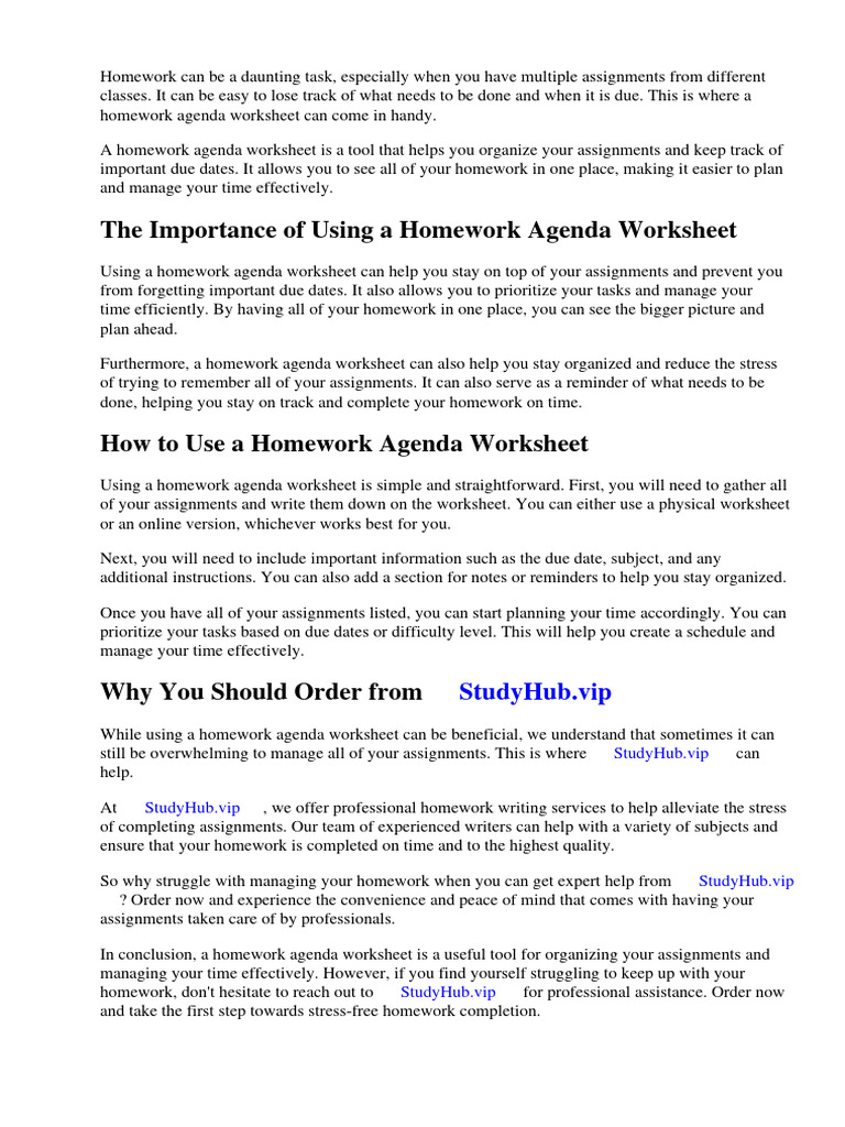 Homework Agenda Worksheet | Download Free PDF | Homework