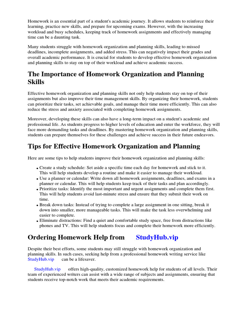 Homework Organization Planning Skills Pdf Homework Learning