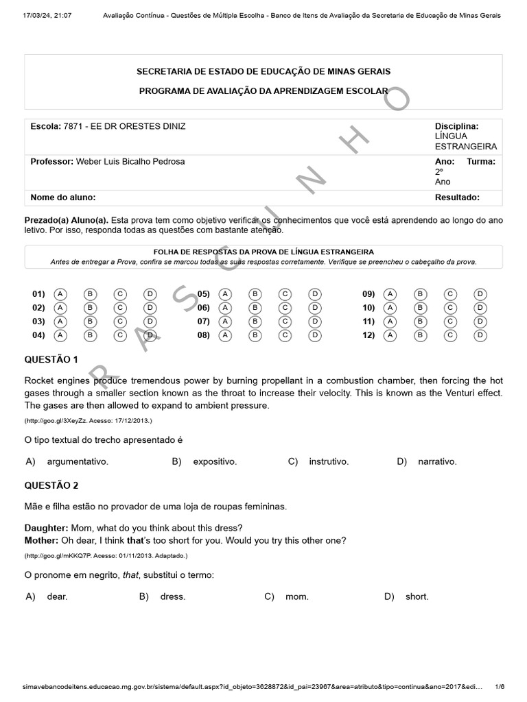 Avaliação Contínua - Questões de Múltipla Escolha - Banco de Itens de ...