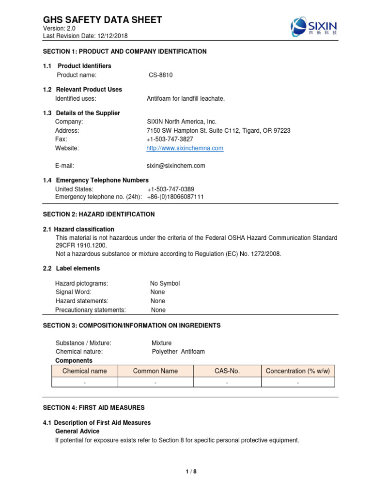 CS-8810 SDS | PDF | Firefighting | Toxicity