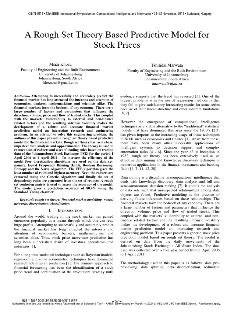 A Rough Set Theory Based Predictive Model For Stock Prices Pdf Applied Mathematics