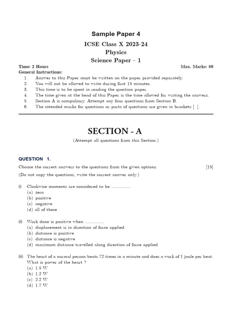 Physics ICSE Class X - Sample Paper | Download Free PDF | Refraction | Light