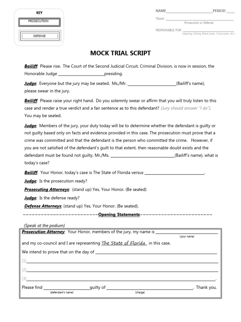 Mock Trial Attorney and Bailiff Script | PDF | Witness | Courtroom
