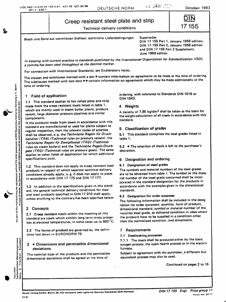 DIN 17155-1983, Creep Resistant Steel Plate and Strip | PDF