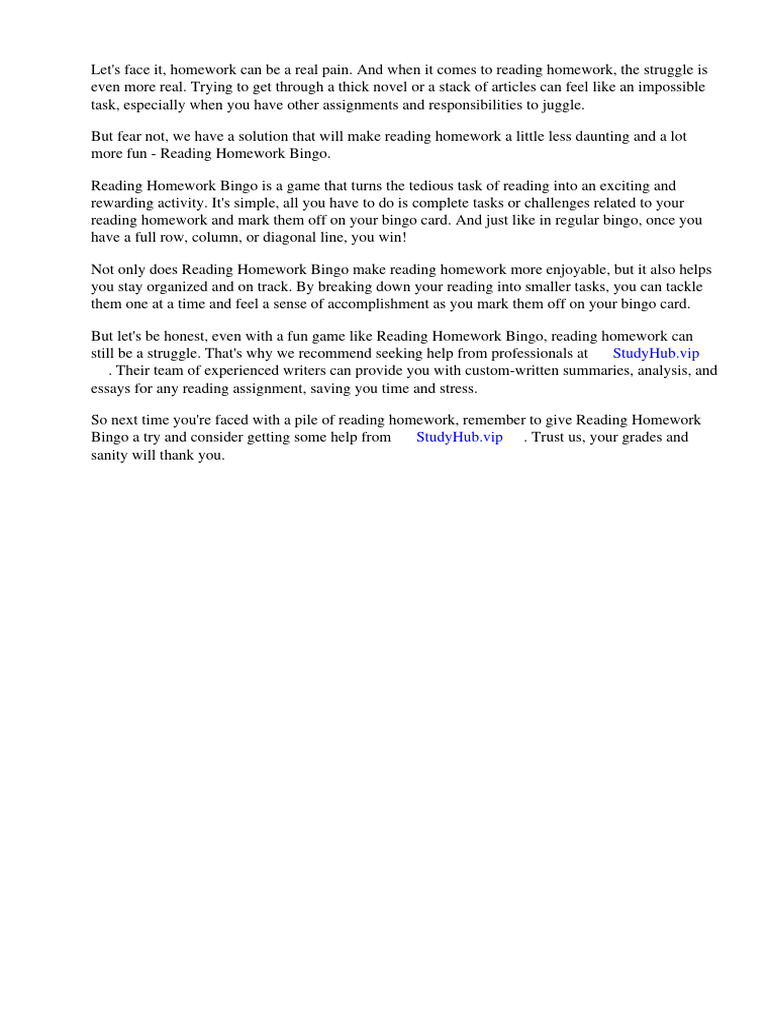 Reading Homework Bingo | PDF | Books