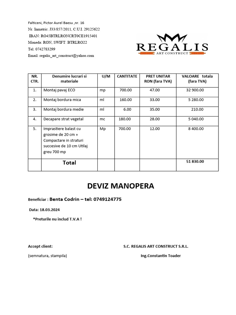 DEVIZ Manopera Benta Codrin | PDF