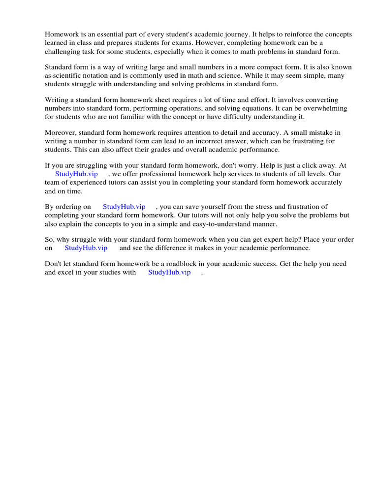 Standard Form Homework Sheet | PDF | Worksheet | Homework