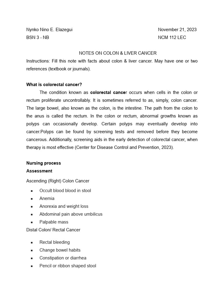Colon & Liver Cancer Overview Notes | PDF | Colorectal Cancer | Cancer