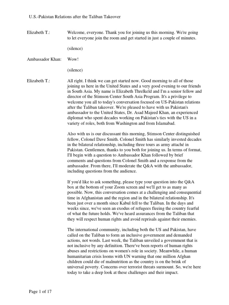 U.S. Pakistan Relations After Taliban Takeover - Transcript | PDF ...