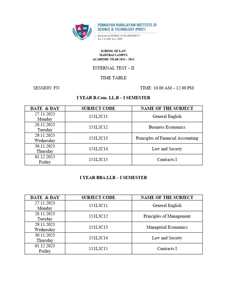 Internal Test 2 Timetable - 2023 | Download Free PDF | Law School ...