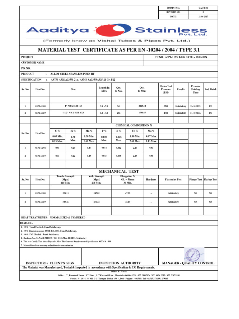 MTC - A335 P22 Seamless Pipe | PDF | Pipe (Fluid Conveyance) | Applied And Interdisciplinary Physics