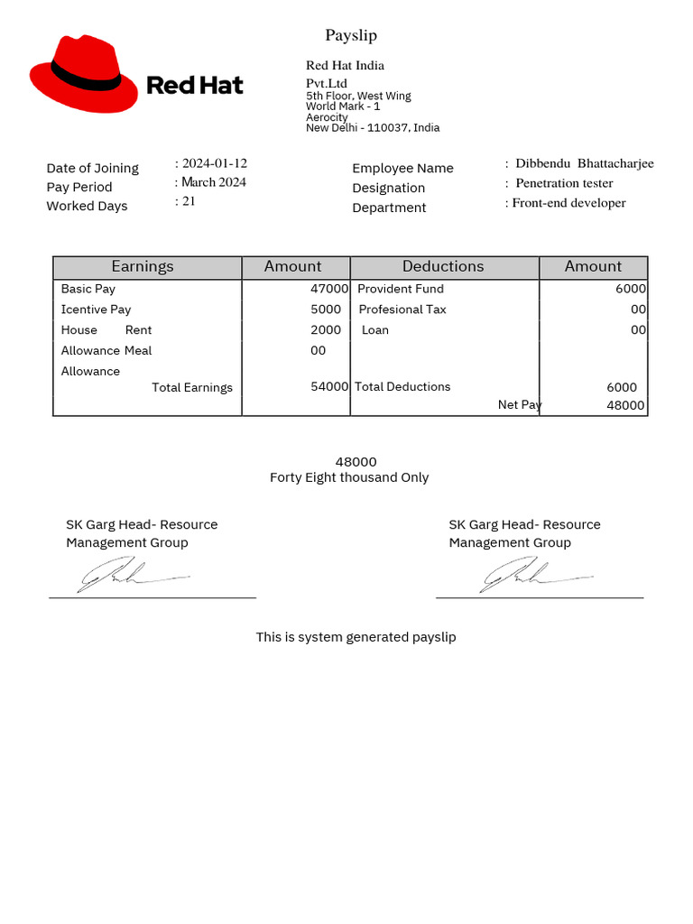 Red Hat India Salary Slip Format | PDF