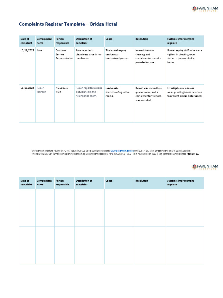 SITXCOM010 Complaints Register Template | PDF
