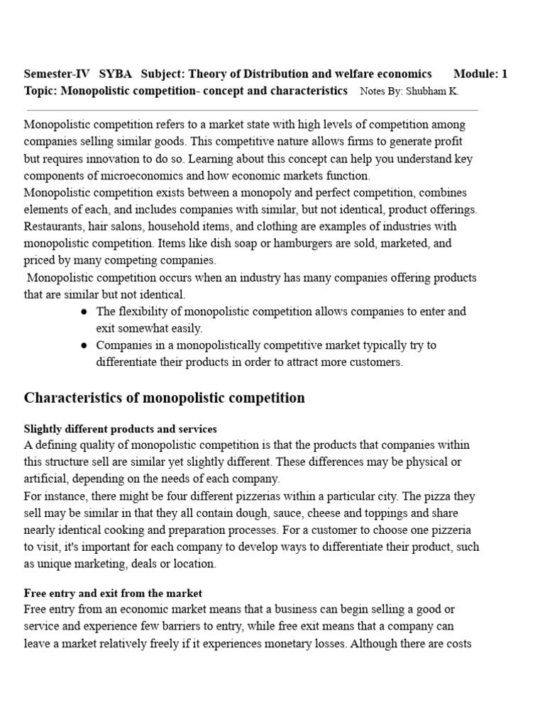 Monopolistic Competition - Concept and Characteristics | PDF | Monopoly ...