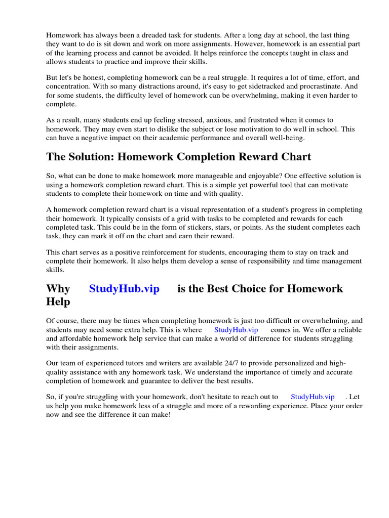 Homework Completion Reward Chart | PDF | Homework | Parenting