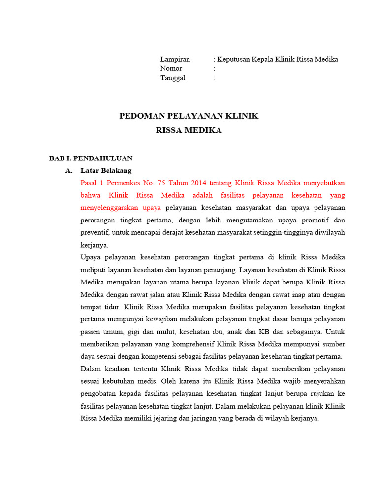 Pedoman Pelayanan Klinik Rissa Medika | PDF
