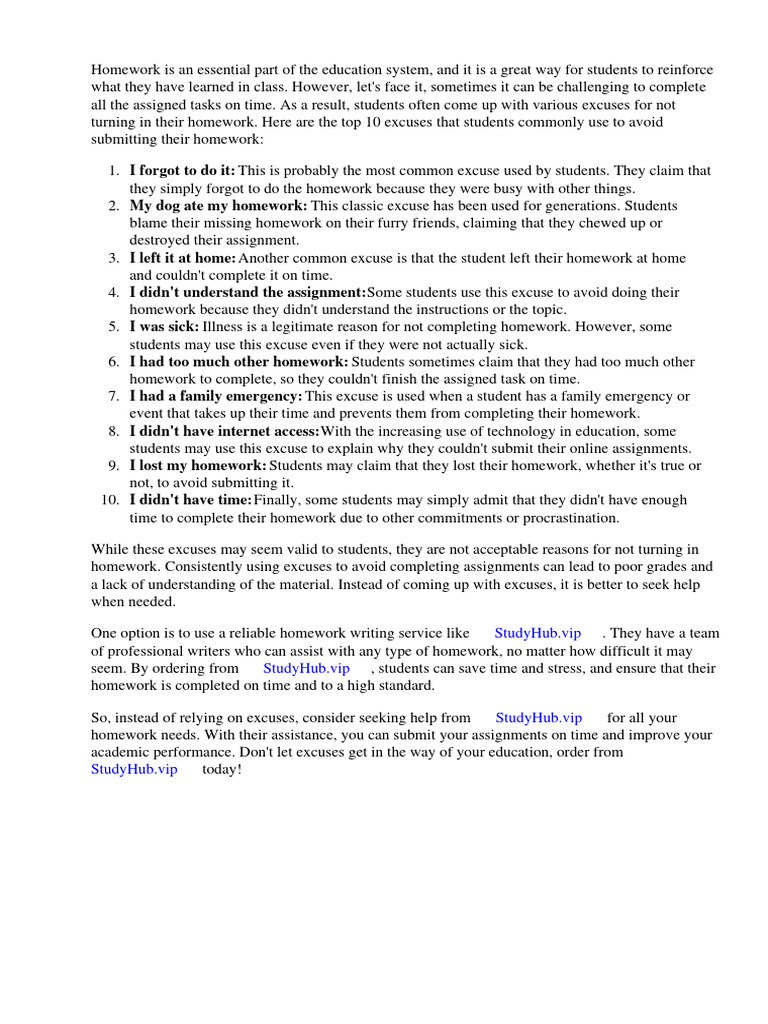 Top 10 Excuses For Not Turning in Homework | PDF | Homework